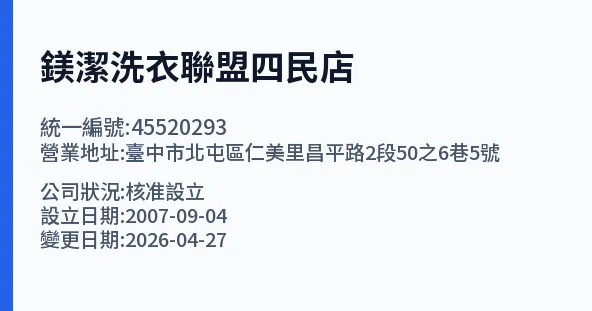 鎂潔洗衣聯盟四民店的照片-統編 45520293(臺中市) 公司登記資料與營業項目詳細圖表