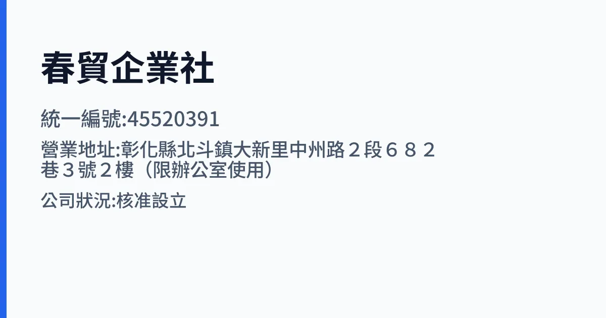 春貿企業社 - 統編 45520391（彰化縣） 公司登記資料與營業項目詳細圖表