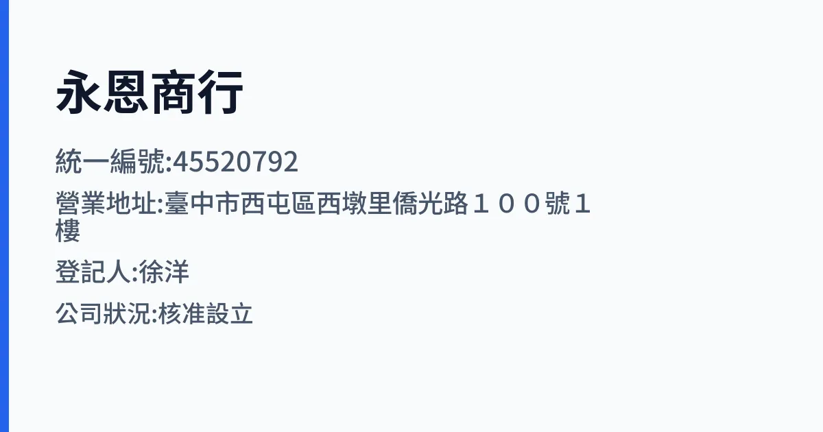 永恩商行 - 統編 45520792(臺中市) 公司登記資料與營業項目詳細圖表
