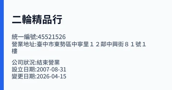 二輪精品行的照片-統編 45521526(臺中市) 公司登記資料與營業項目詳細圖表