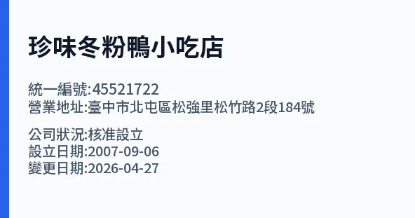 珍味冬粉鴨小吃店的照片-統編 45521722(臺中市) 公司登記資料與營業項目詳細圖表