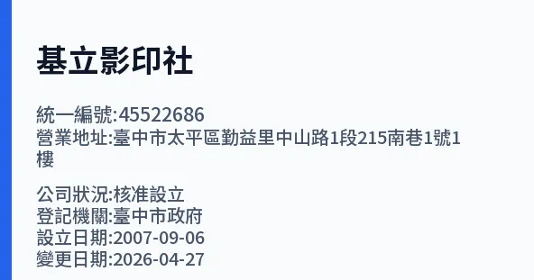 基立影印社的照片-統編 45522686(臺中市) 公司登記資料與營業項目詳細圖表