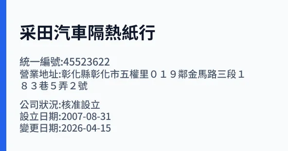 采田汽車隔熱紙行的照片-統編 45523622(彰化縣) 公司登記資料與營業項目詳細圖表