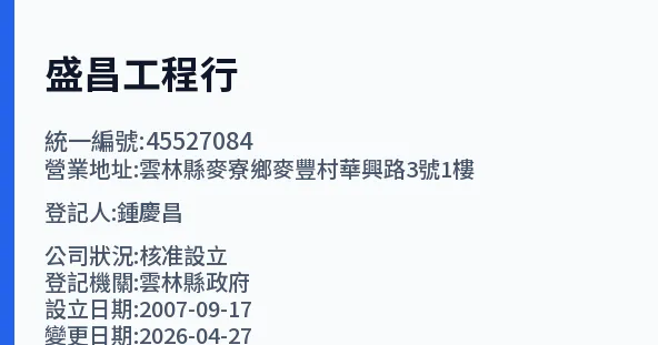 盛昌工程行的照片-統編 45527084(雲林縣) 公司登記資料與營業項目詳細圖表