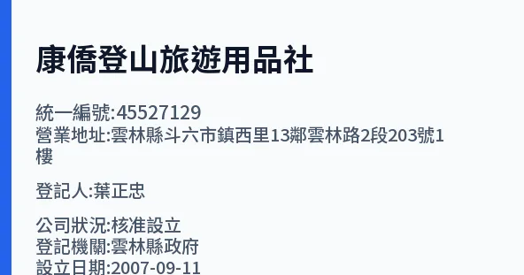 康僑登山旅遊用品社的照片-統編 45527129(雲林縣) 公司登記資料與營業項目詳細圖表