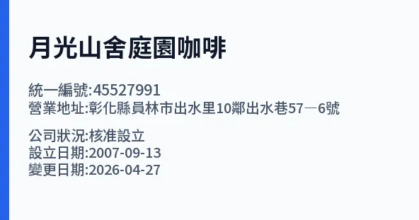 月光山舍庭園咖啡的照片-統編 45527991(彰化縣) 公司登記資料與營業項目詳細圖表