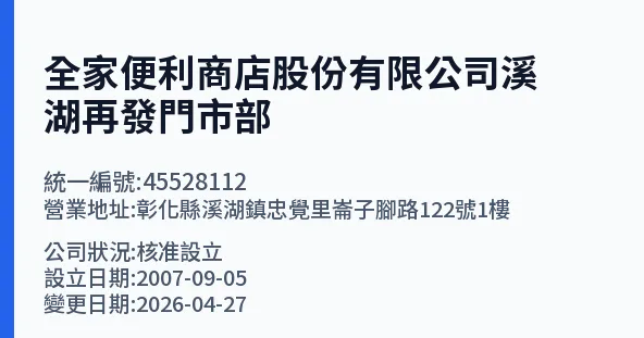 全家便利商店股份有限公司溪湖再發門市部的照片-統編 45528112(彰化縣) 公司登記資料與營業項目詳細圖表