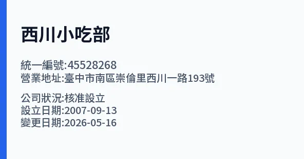 西川小吃部的照片-統編 45528268(臺中市) 公司登記資料與營業項目詳細圖表