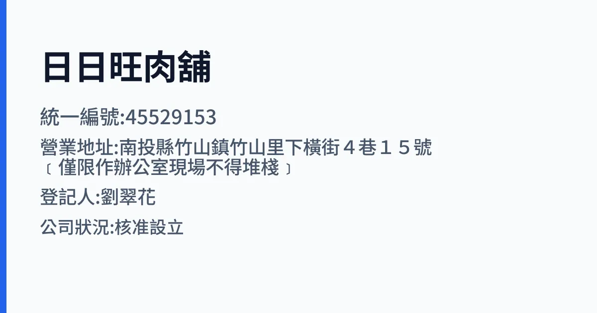 日日旺肉舖 - 統編 45529153(南投縣) 公司登記資料與營業項目詳細圖表