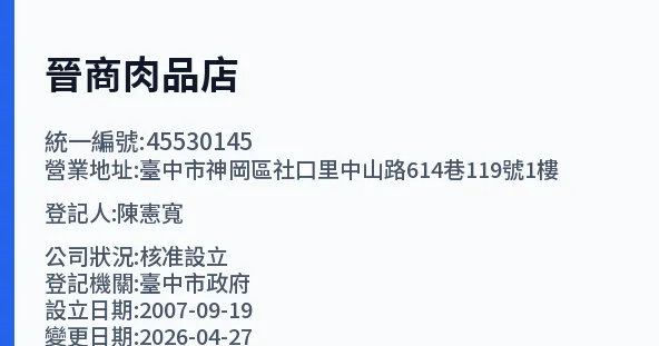 晉商肉品店的照片-統編 45530145(臺中市) 公司登記資料與營業項目詳細圖表