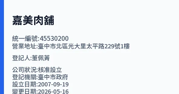 嘉美肉舖的照片-統編 45530200(臺中市) 公司登記資料與營業項目詳細圖表