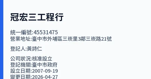 冠宏三工程行的照片-統編 45531475(臺中市) 公司登記資料與營業項目詳細圖表