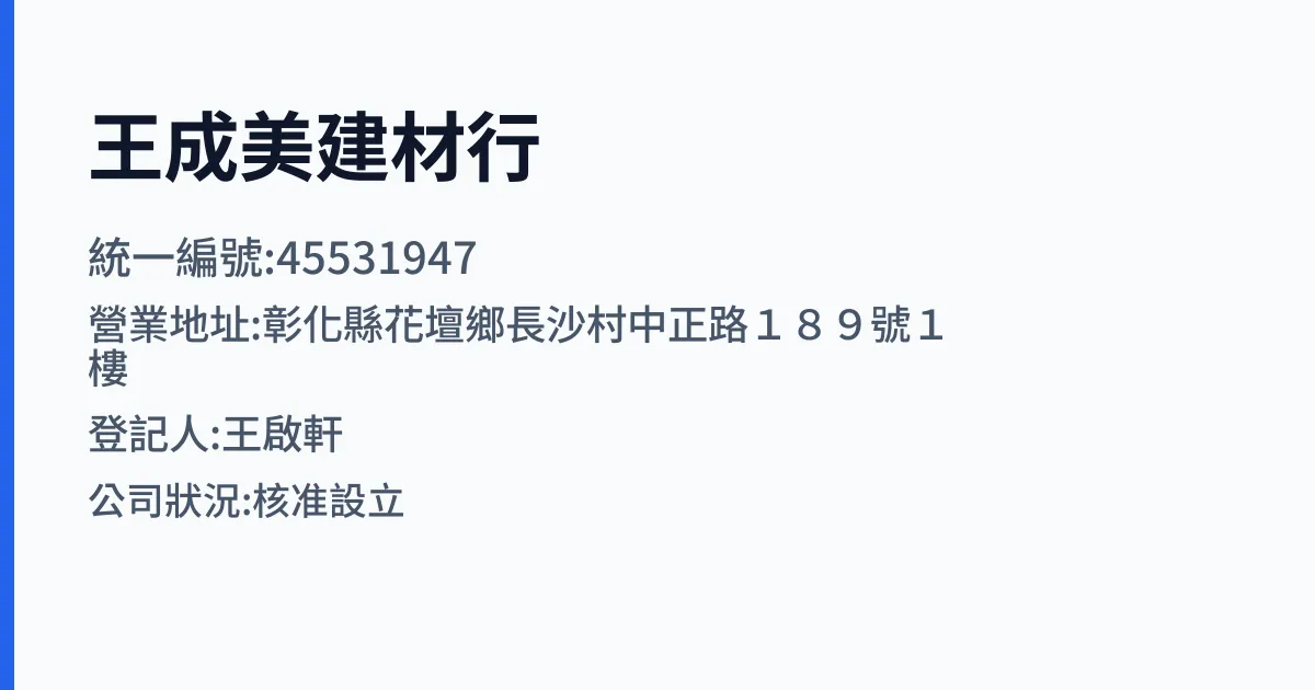 王成美建材行 - 統編 45531947(彰化縣) 公司登記資料與營業項目詳細圖表