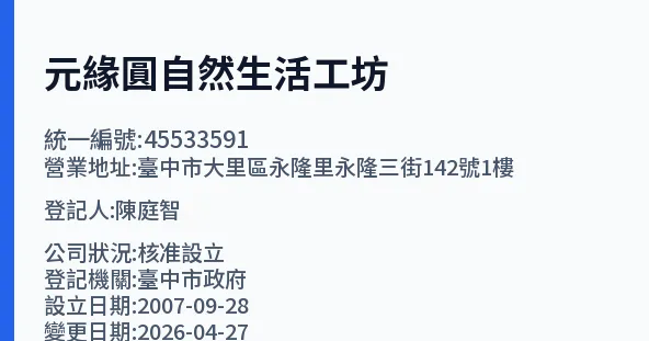 元緣圓自然生活工坊的照片-統編 45533591(臺中市) 公司登記資料與營業項目詳細圖表