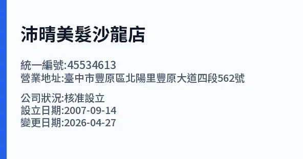 沛晴美髮沙龍店的照片-統編 45534613(臺中市) 公司登記資料與營業項目詳細圖表