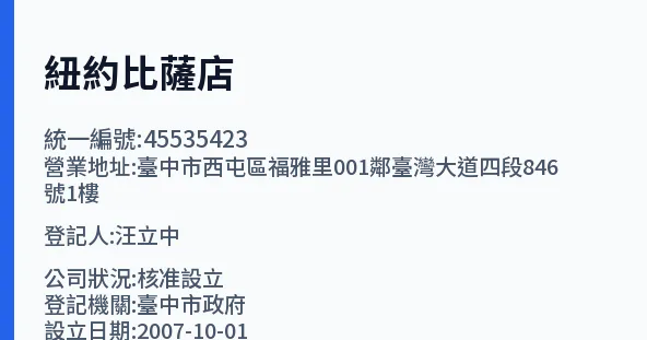紐約比薩店的照片-統編 45535423(臺中市) 公司登記資料與營業項目詳細圖表