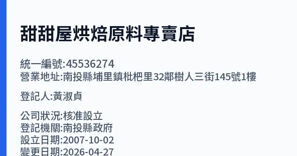 甜甜屋烘焙原料專賣店的照片-統編 45536274(南投縣) 公司登記資料與營業項目詳細圖表