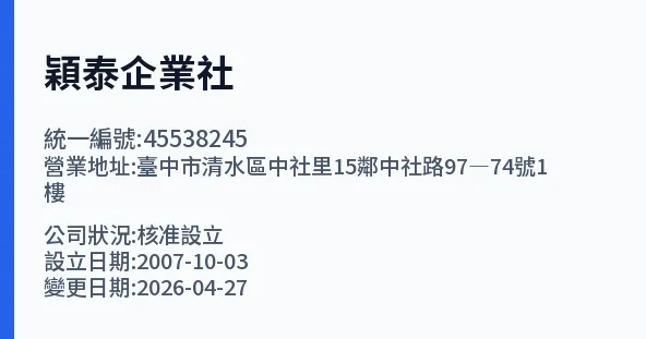穎泰企業社的照片-統編 45538245(臺中市) 公司登記資料與營業項目詳細圖表