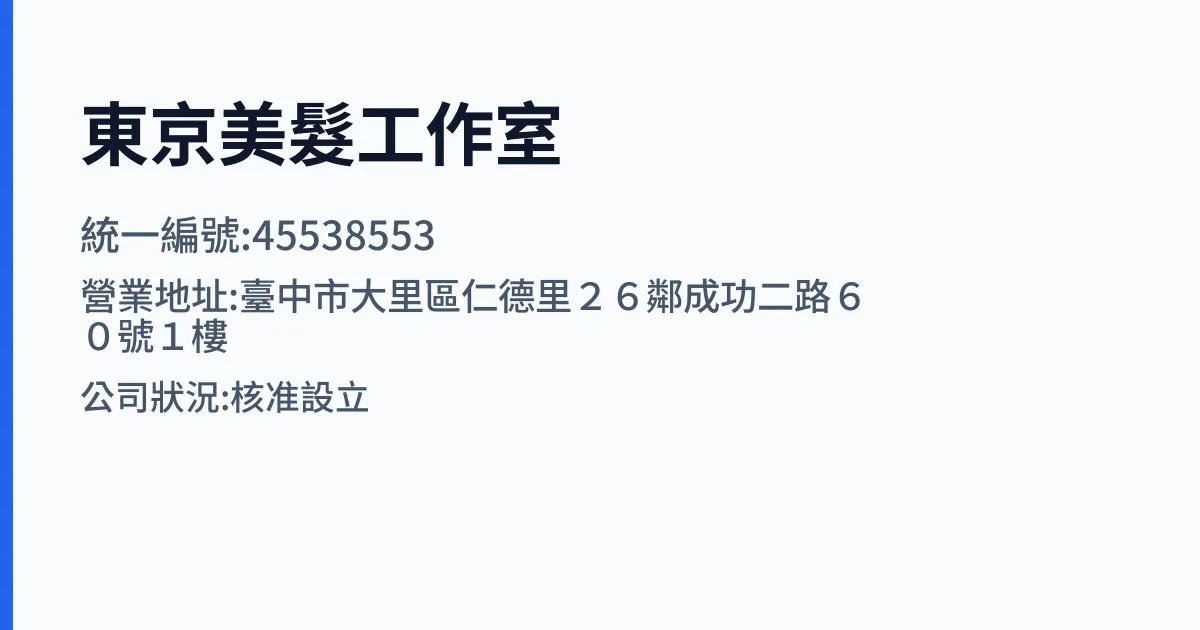 東京美髮工作室 - 統編 45538553(臺中市) 公司登記資料與營業項目詳細圖表