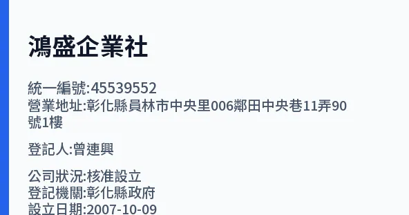 鴻盛企業社的照片-統編 45539552(彰化縣) 公司登記資料與營業項目詳細圖表