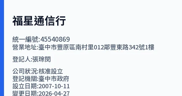 福星通信行的照片-統編 45540869(臺中市) 公司登記資料與營業項目詳細圖表