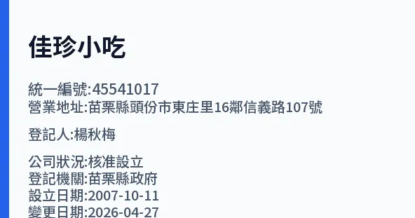 佳珍小吃的照片-統編 45541017(苗栗縣) 公司登記資料與營業項目詳細圖表