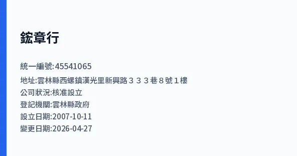 鋐章行的照片-統編 45541065(雲林縣) 公司登記資料與營業項目詳細圖表