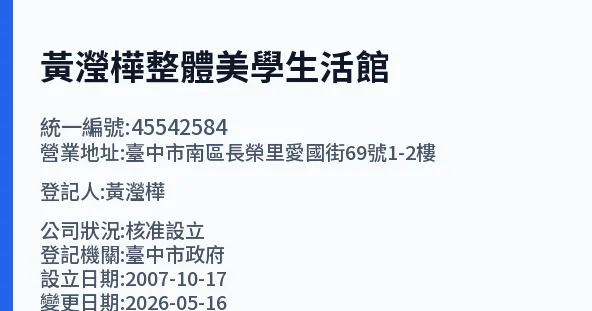 黃瀅樺整體美學生活館的照片-統編 45542584(臺中市) 公司登記資料與營業項目詳細圖表
