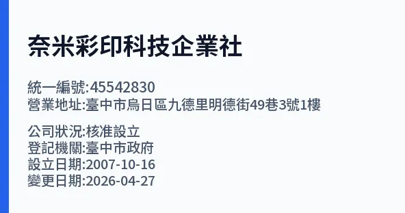 奈米彩印科技企業社的照片-統編 45542830(臺中市) 公司登記資料與營業項目詳細圖表