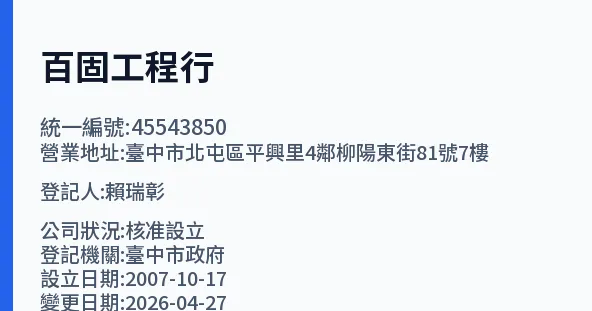 百固工程行的照片-統編 45543850(臺中市) 公司登記資料與營業項目詳細圖表