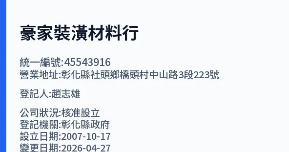 豪家裝潢材料行的照片-統編 45543916(彰化縣) 公司登記資料與營業項目詳細圖表