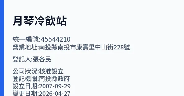 月琴冷飲站的照片-統編 45544210(南投縣) 公司登記資料與營業項目詳細圖表