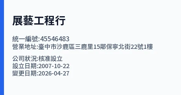 展藝工程行的照片-統編 45546483(臺中市) 公司登記資料與營業項目詳細圖表