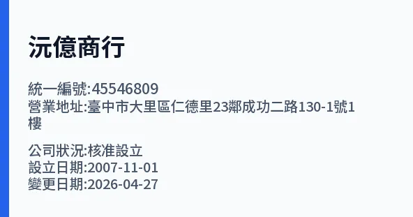 沅億商行的照片-統編 45546809(臺中市) 公司登記資料與營業項目詳細圖表