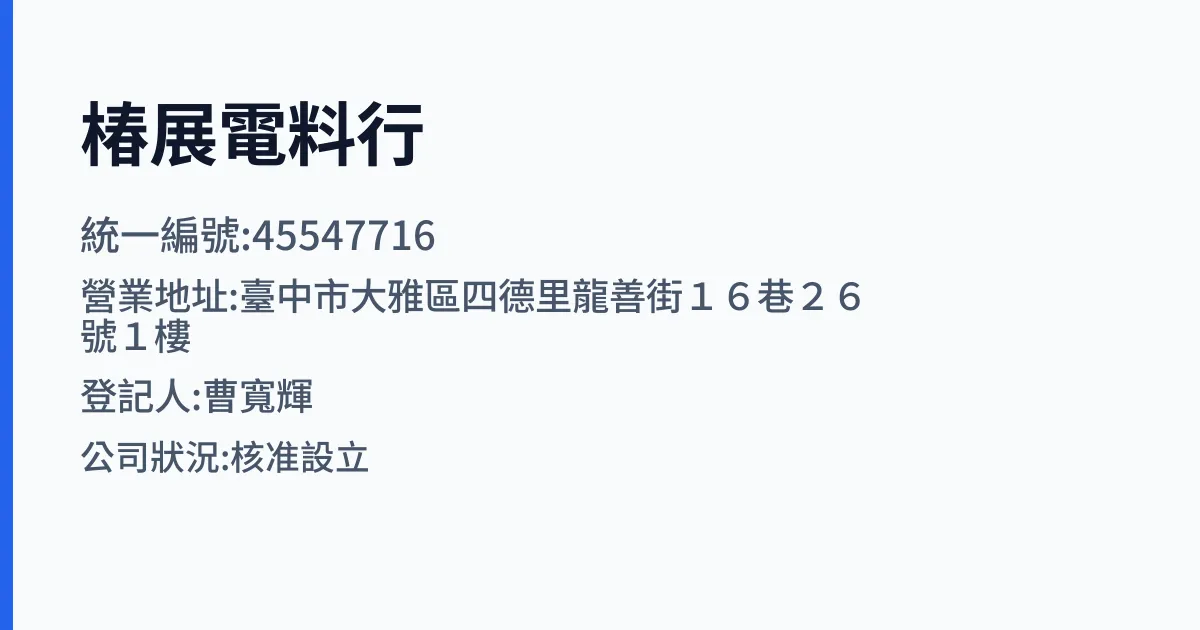 椿展電料行 - 統編 45547716(臺中市) 公司登記資料與營業項目詳細圖表