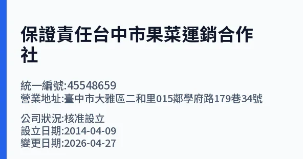 保證責任台中市果菜運銷合作社的照片-統編 45548659(臺中市) 公司登記資料與營業項目詳細圖表
