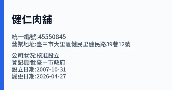 健仁肉舖的照片-統編 45550845(臺中市) 公司登記資料與營業項目詳細圖表