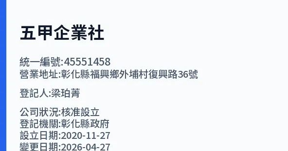 五甲企業社的照片-統編 45551458(彰化縣) 公司登記資料與營業項目詳細圖表