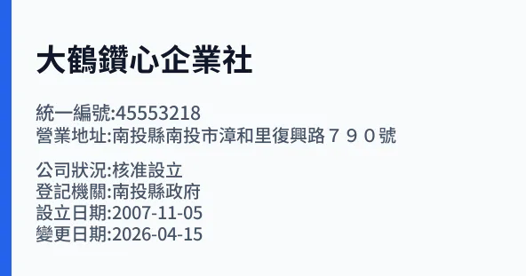 大鶴鑽心企業社的照片-統編 45553218(南投縣) 公司登記資料與營業項目詳細圖表