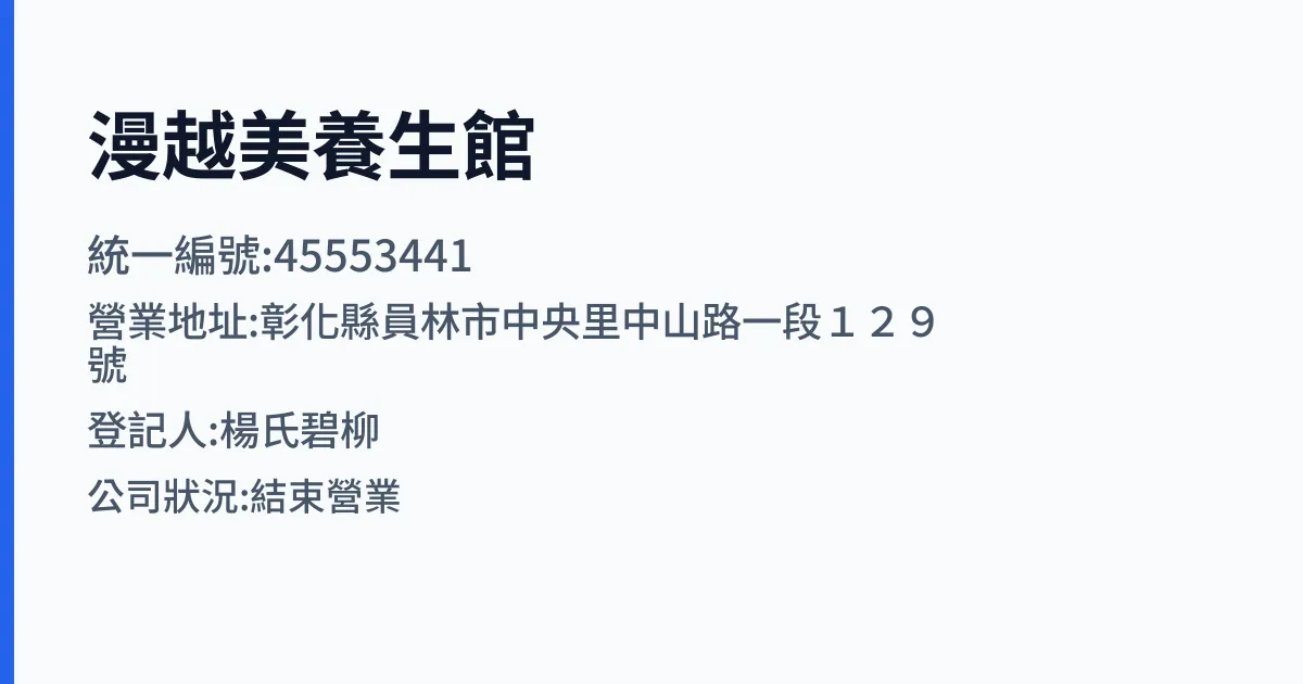 漫越美養生館 - 統編 45553441(彰化縣) 公司登記資料與營業項目詳細圖表
