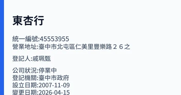 東杏行的照片-統編 45553955(臺中市) 公司登記資料與營業項目詳細圖表