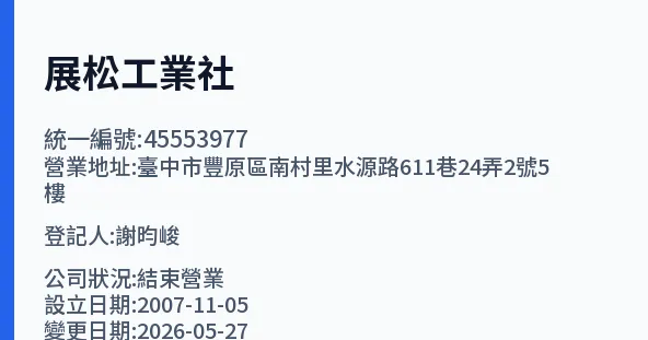 展松工業社的照片-統編 45553977(臺中市) 公司登記資料與營業項目詳細圖表