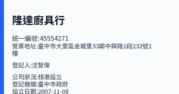 隆達廚具行的照片-統編 45554271(臺中市) 公司登記資料與營業項目詳細圖表