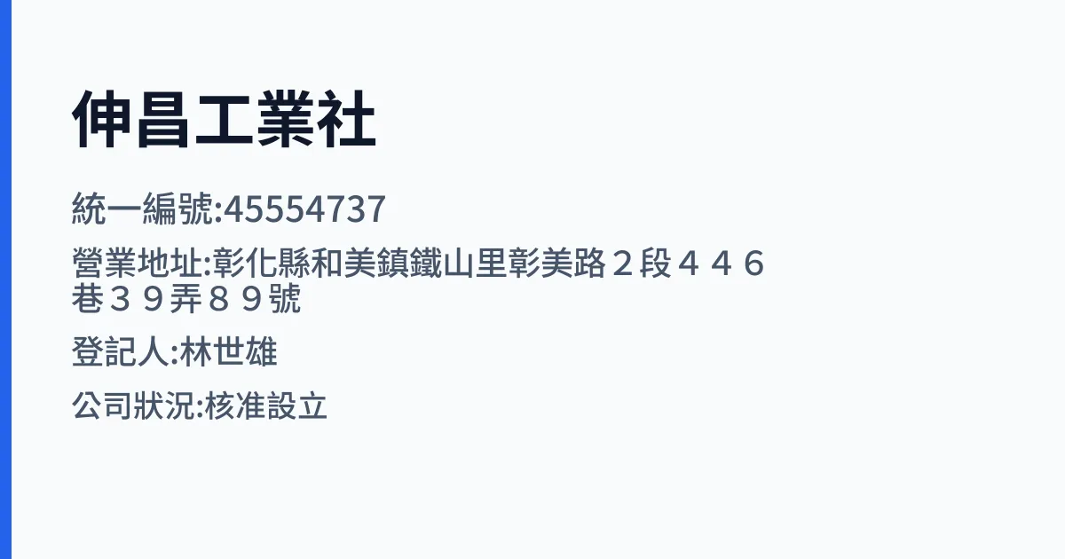 伸昌工業社 - 統編 45554737(彰化縣) 公司登記資料與營業項目詳細圖表