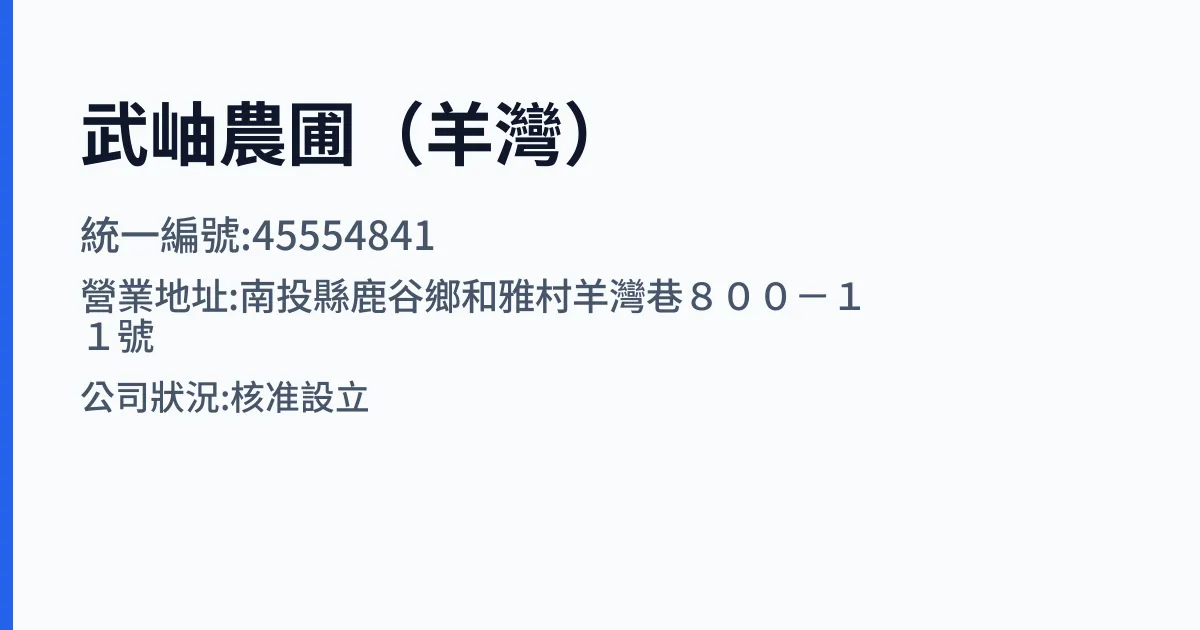 武岫農圃(羊灣) - 統編 45554841(南投縣) 公司登記資料與營業項目詳細圖表