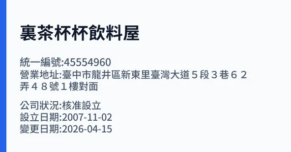 裏茶杯杯飲料屋的照片-統編 45554960(臺中市) 公司登記資料與營業項目詳細圖表