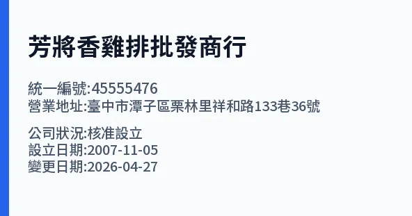芳將香雞排批發商行的照片-統編 45555476(臺中市) 公司登記資料與營業項目詳細圖表