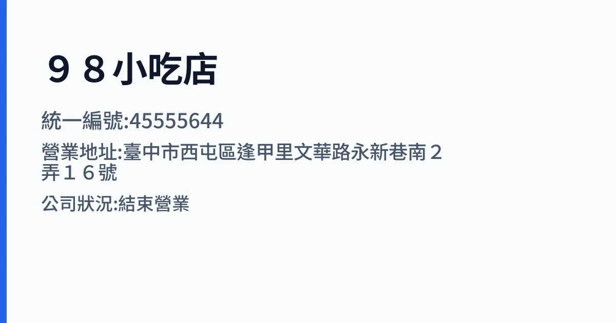 ９８小吃店 - 統編 45555644(臺中市) 公司登記資料與營業項目詳細圖表