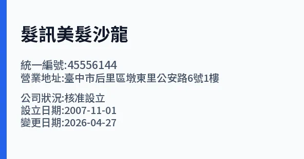 髮訊美髮沙龍的照片-統編 45556144(臺中市) 公司登記資料與營業項目詳細圖表