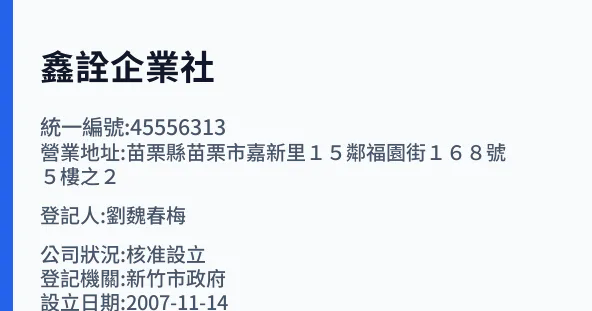 鑫詮企業社的照片-統編 45556313(苗栗縣) 公司登記資料與營業項目詳細圖表